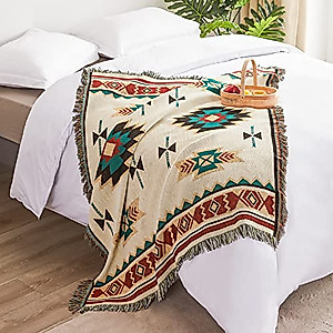 Touchat Native American Blanket Western Decor Boho Throw Blanket for Sofa, Mexican Decorative Farmhouse Blanket, Southwest Decor Woven Blanket, Aztec Throw Blankets with Tassel(Beige,50×60 inch)