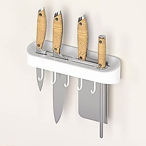 Knife Block Holder Wall, Knife Organizer Storage Shelf Rack Bar with Slots, Sharpening Rod Hooks for Kitchen Cooking White