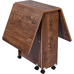 EazeHome Mobile Folding Dining Table, Versatile Dinner Table with 6 Wheels and 2 Storage Racks, Drop Leaf Table for Space Saving Extendable Kitchen Table, Brown Foldable Table