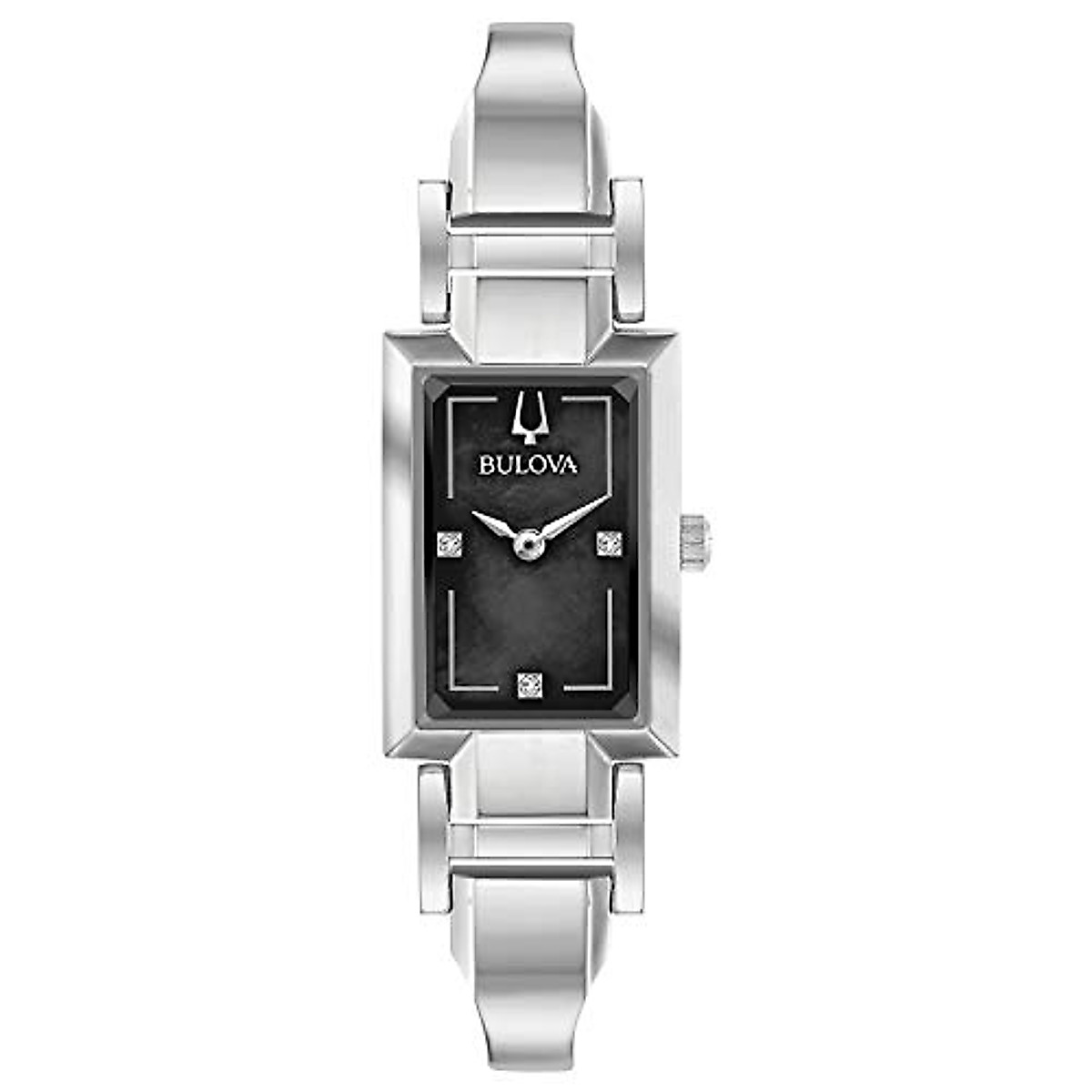 Bulova Ladies' Classic Diamond Dial Quartz Stainless Steel Watch, Rectangle, Mother-of-Pearl, Silver/Black Dial