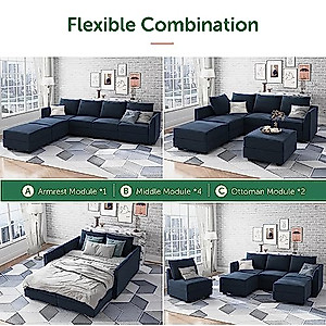 HONBAY Modular Sectional Sofa Convertible U Shaped Couch with Reversible Chaise Velvet Modular Sofa Sectional Couch with Storage Ottoman, Dark Blue