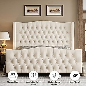 Keyluv Queen Size 54.3” Tall Platform Bed Frame with Deep Button Tufted Wingback Headboard and Footboard, Velvet Upholstered Bed Frame with Handmade Pleats, No Box Spring Needed, Beige/Cream