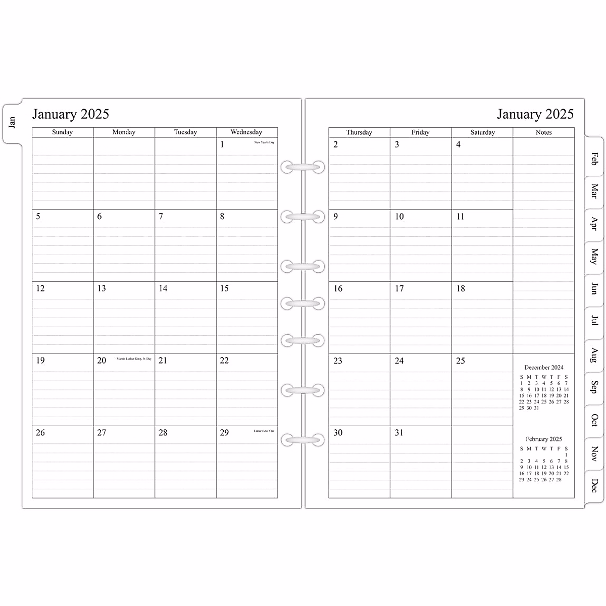 2023 Monthly Planner Refill 5-1/2" x 8-1/4", 12 Months from January 2023 to December 2023, Two Pages Per Month, Ruled Box, Desk Size 4, 7-Hole Punched