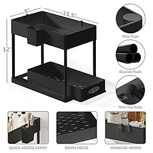 Under Sink Organizers and Storage | Bathroom Cabinet Organizer, Sink Shelf with Utility Hooks and Side Caddy for Under Cabinet Storage |Black (1-Pack) Under Kitchen Sink Organizer with Sliding Drawer