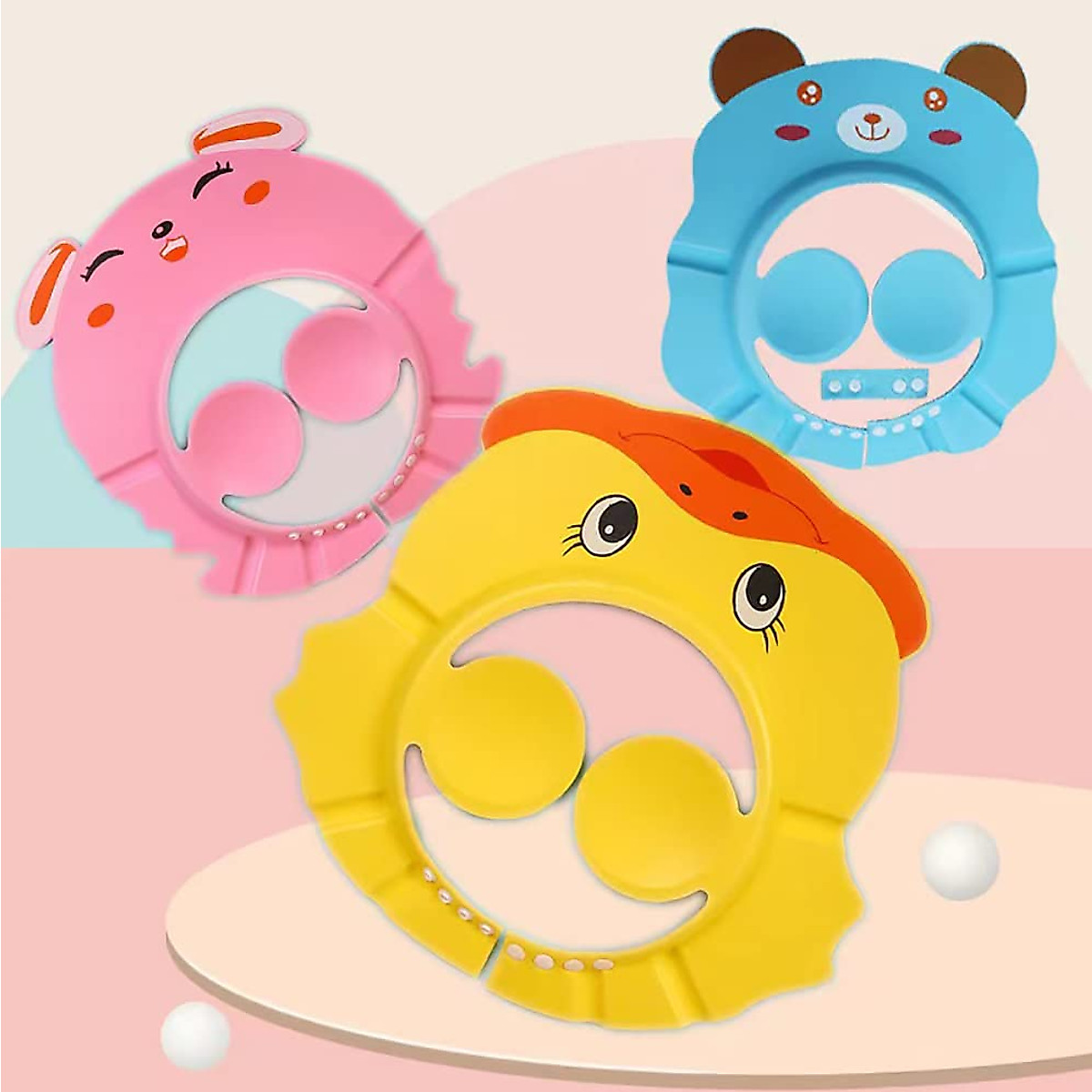 Anller 3 Pieces Baby Shower Cap, Soft Adjustable Bath Shampoo Cap with Ear Protection, Funny Cartoon Bathing cap for Children, Kids and Toddlers(Pink+Blue+Yellow)