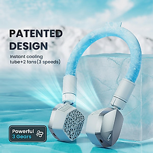 Neck Cooling Tube and Portable Fan 2 in 1, Reusable Ice Ring, Wearable Neck Cooler Personal Adjustable Fans, Portable Battery Operated Neck Fan, 3 Gear, 360° Rotation, Detachable,USB, Quiet (Ice Blue)