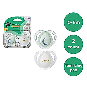 Tommee Tippee Night Time Glow in The Dark Pacifiers, Symmetrical Design, BPA-Free Silicone Nipple, Includes Sterilizer Box, 0-6m, 2 Count