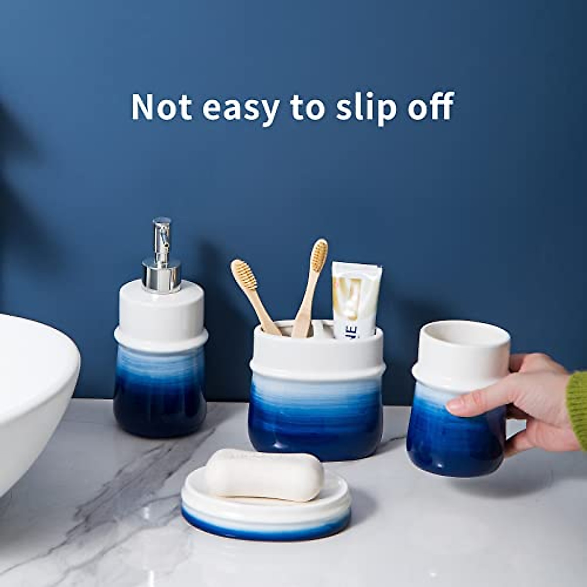 RZCNC Navy Blue Bathroom Accessories Set, 4-Piece Blue Ceramic Bathroom Decorations Accessories Set,Contain Toothbrush Cup,Soap Dispenser,Soap Dish,Tumbler