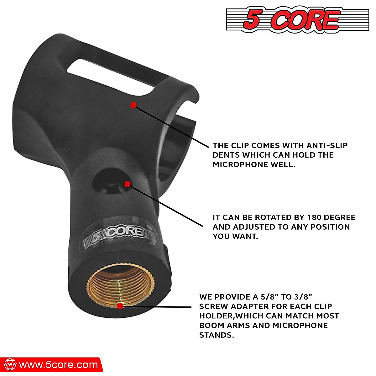 5 Core Mic Clips for Stands 2 Pieces Microphone Clip Holder Universal Adjustable with 5/8" Male to 3/8" Female Screw Adapter Suitable for Handheld Microphones, 2-Pack MC-01 2 PCS