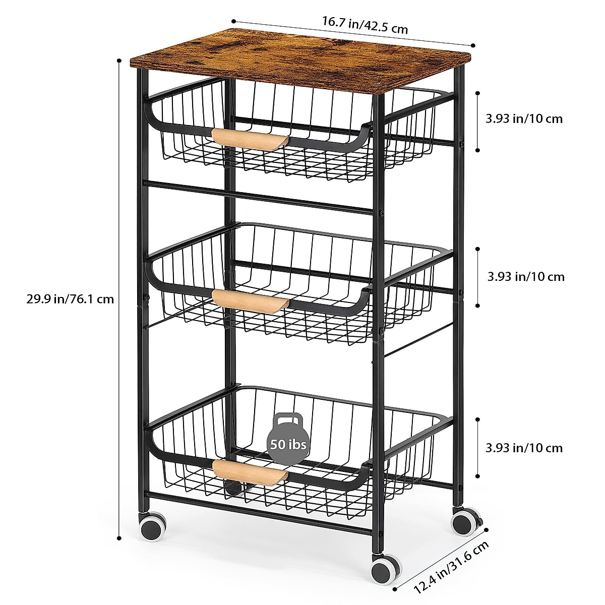 HEOMU 4 Tier Rolling Kitchen Storage Cart, Metal Snack Cart with Wheels, Kitchen Cart with Drawers for Kitchen, Bathroom, Living Room, Bar, Office, Black
