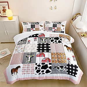 HOSIMA Cow Bedding Set,Farmhouse Comforter Western Country Style Room Decor Aesthetic,Cute Cartoon Farm Animal Pig Cow Horse Twin Bedding Sets for Girls Boys,Pink White Grid Comforter.