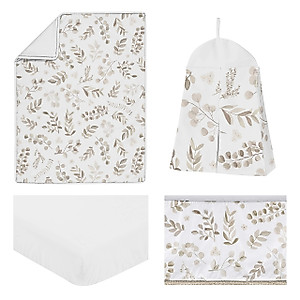 Sweet Jojo Designs Floral Leaf Baby Boy or Girl Nursery Crib Bedding Set - 4 Pieces - Gender Neutral Ivory Beige Taupe White Gender Neutral Boho Watercolor Botanical Flower Woodland Tropical Garden