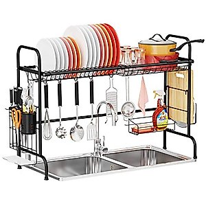 iSPECLE Over The Sink Dish Drying Rack Large Stainless Steel Dish Rack Shelf Over Sink for Kitchen Space Saver, Black