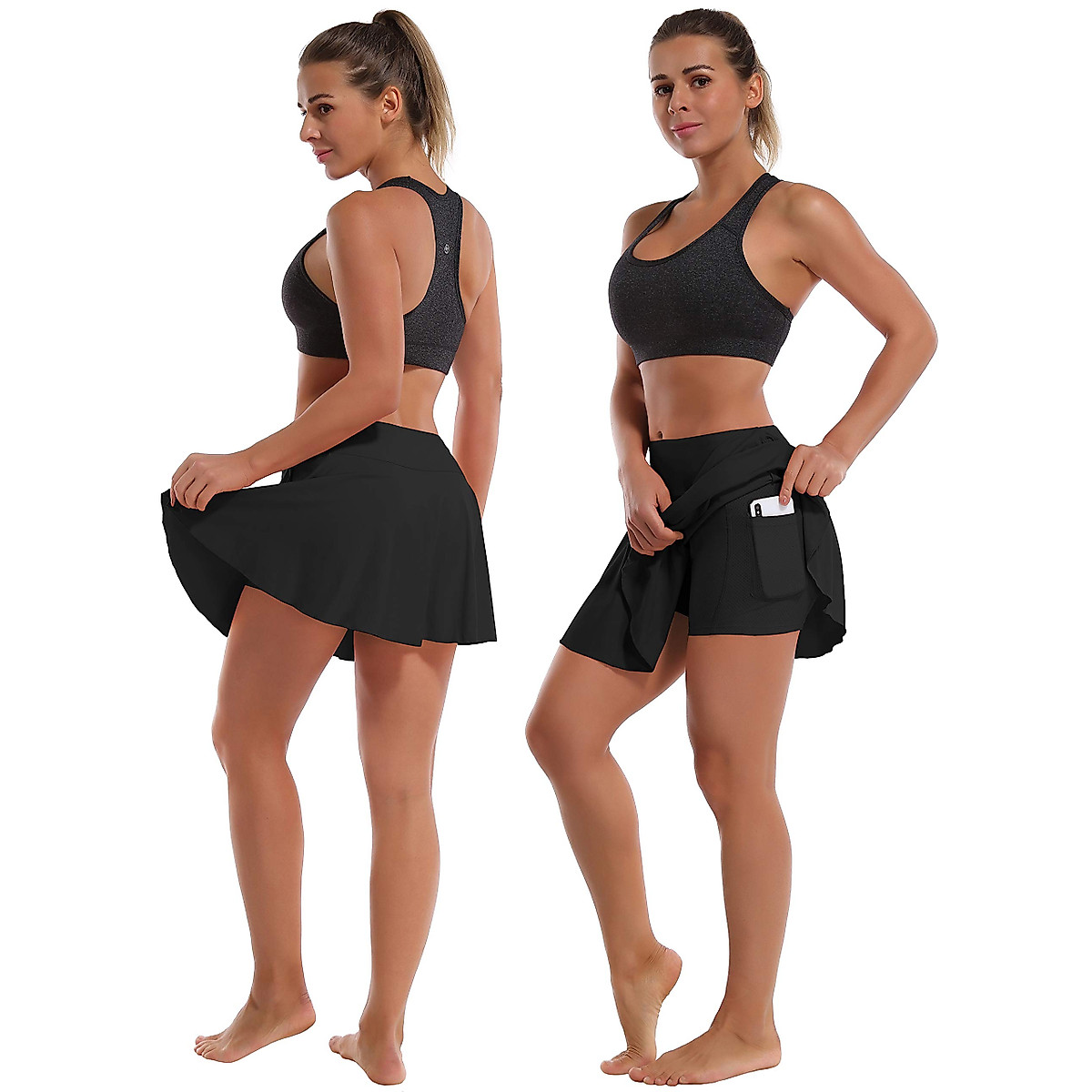 BUBBLELIME 5"/19"/26" XXS-XL Women's UPF 50+ Adjustable Running Skort - Pleated Skirt_BLACK(1) X-Large-5" inseam