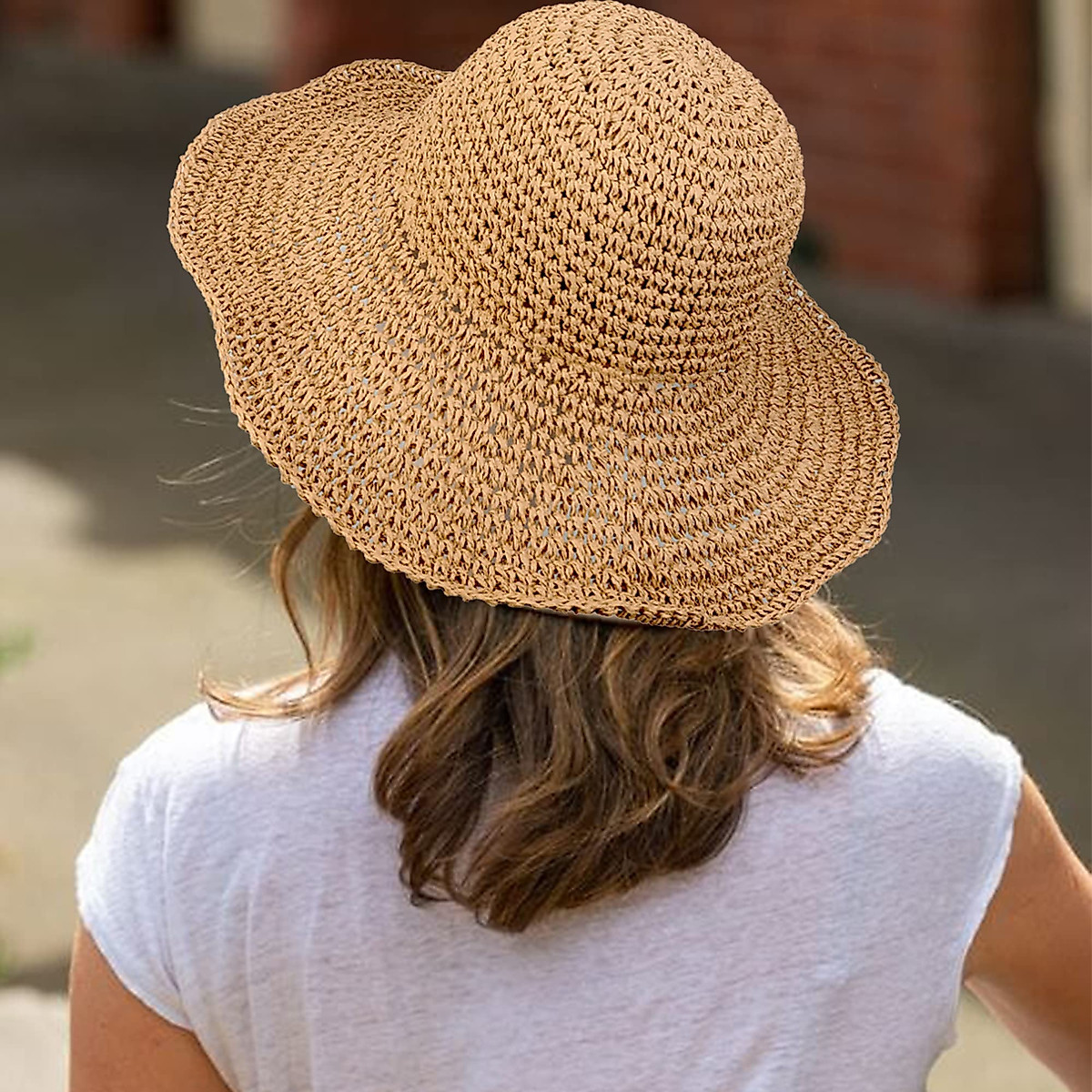 Women Crochet Floppy Straw Hat Soft Beach Sun Hat Travel Large Lady Bucket Hat Summer Foldable Medium Khaki