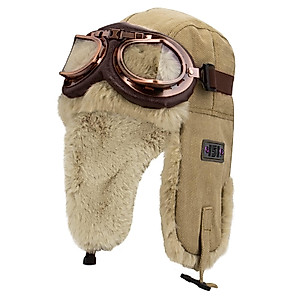 Peicees Aviator Hat with Goggles Costume for Adult Kids Vintage Pilot Hat for Men Women Winter Trapper Hat with Fur Ear Flap Khaki