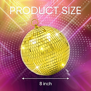 Mirror Disco Ball Decor with Hanging Ring: 8 Inch Large Gold Disco Ball Ornaments - Hanging Party Disco Balls for Party Decorations, 70s Theme Party, DJ, Wedding, Birthday, Christmas