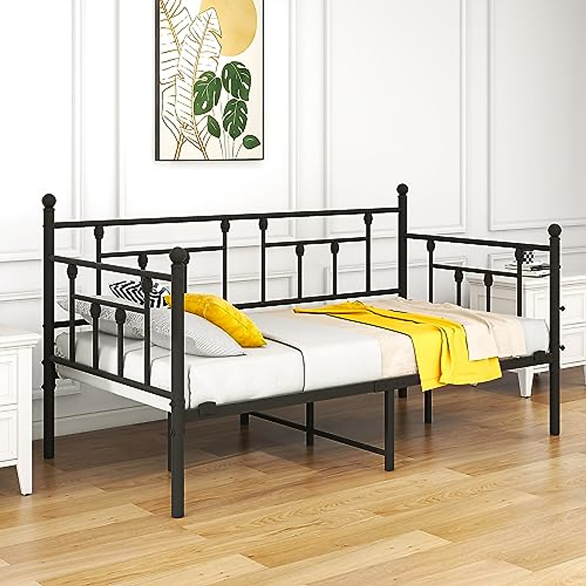 HAHRIR Metal Daybed Frame and Trundle Set Premium Steel Slat Support Daybed and Roll Sofa Bed (Black, Twin)