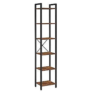 VASAGLE 6-Tier Tall Bookshelf, Narrow Bookcase with Steel Frame, Skinny Book Shelf for Living Room, Home Office, Study, 11.8 x 15.7 x 73.8 Inches, Industrial Style, Rustic Brown and Black ULLS101B01