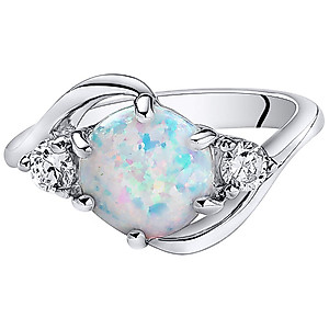 PEORA Created White Fire Opal Ring for Women 925 Sterling Silver, Stunning 3-Stone Design, 1.75 Carats Round Shape 8mm, Size 7