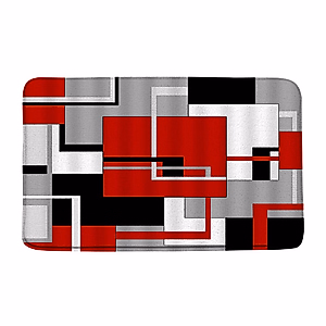 YOZSLGU Abstract Geometric Bath Mat Modern Red Gray Black White Mid Century Minimalist Fashion Memory Foam Bathroom Kitchen Rug, 15.7 x 23.6 Inch