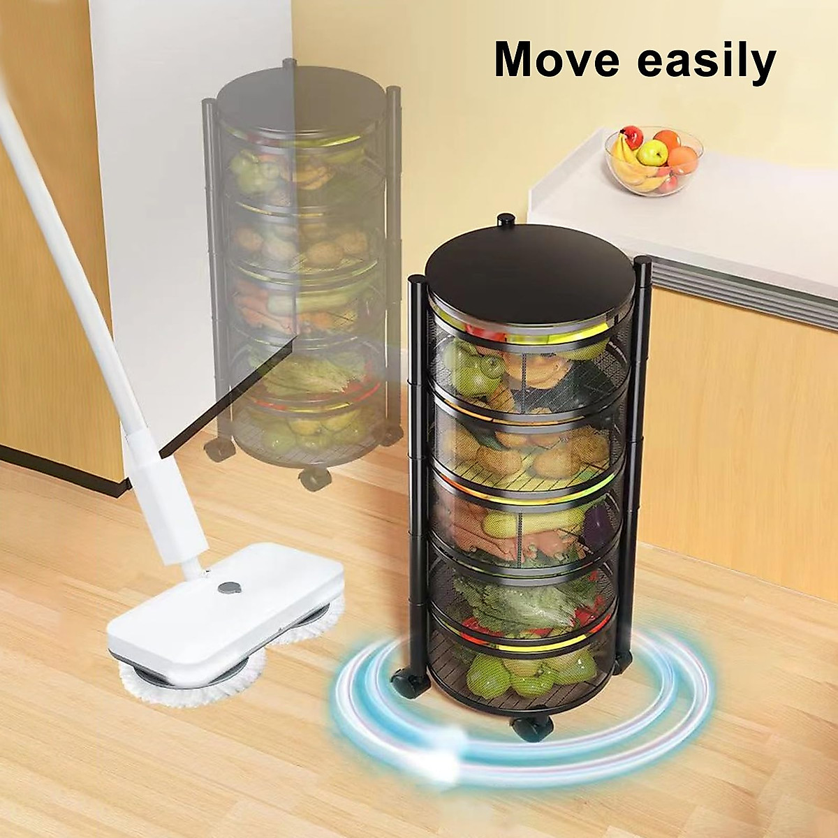 Grebest Kitchen Fruit Vegetable Storage Cart, 5 Tier Circular Rotating Basket with 360 Degree Wheels, Metal Wire Shelf with Top Lid for Living Room/Kitchen/Office Black Five Layers