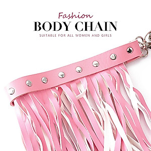 Asooll Punk Leather Waist Chain Black Tassel Fringe Belt Rave Belly Belt Harness Bikini Party Prom Body Accessories for Women and Girls (Pink)