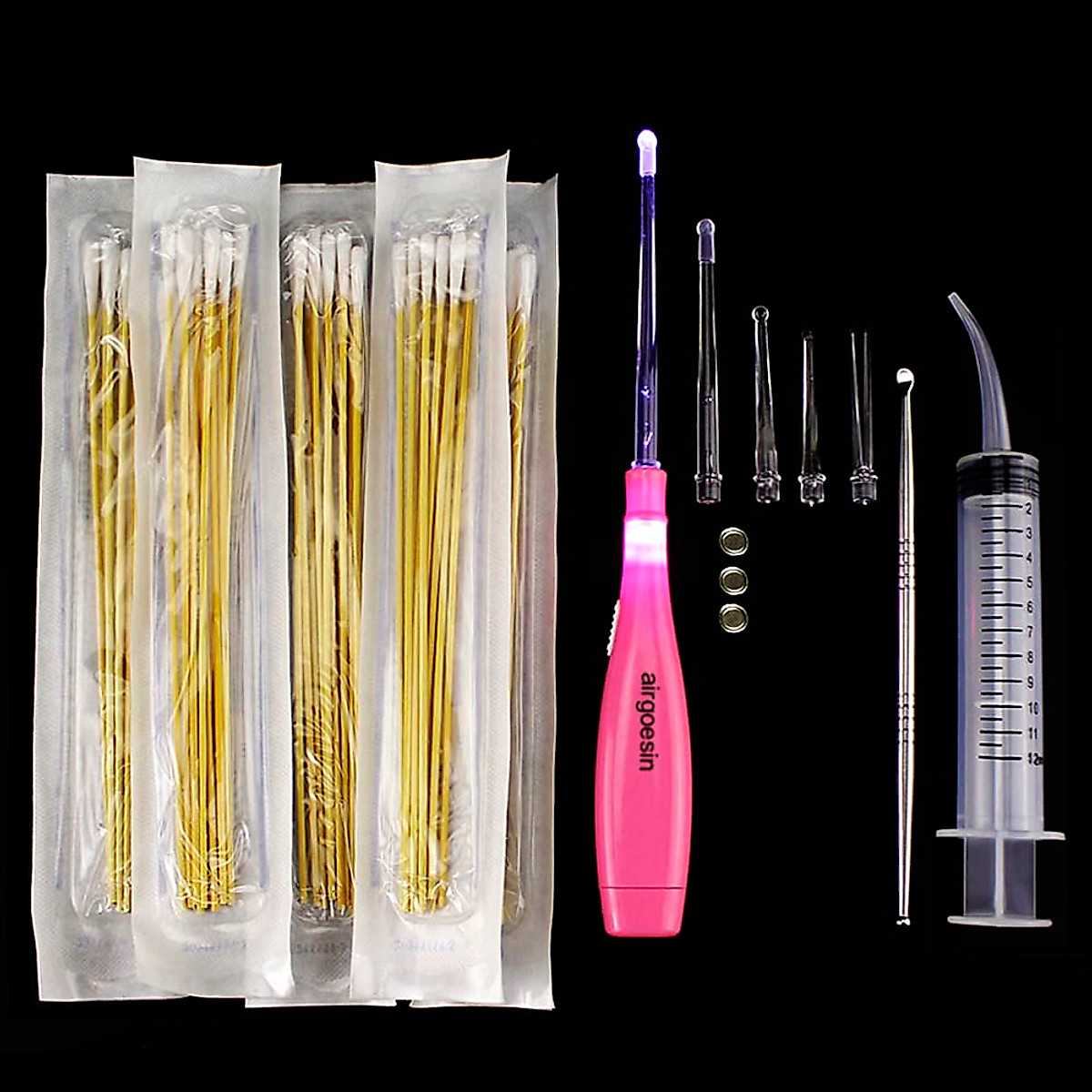 Airgoesin Tonsil Stone Remover, Stainless Steel Tonsil Stone Removal Tool, Long LED Tonsillolith Exorcism Kit, 50 Swabs and Curved Oral Irrigator Syringe to Get Rid of Bad Breath, 4 in 1 kit