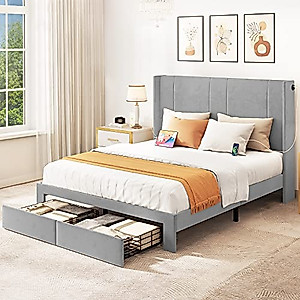 YITAHOME Queen Bed Frame with Storage Drawers, Upholstered Headboard, USB Charging Ports, Wood Slats Support, Grey