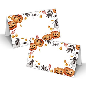 Halloween Table Place Cards, Blank Seating Place Card for Table, 25 Pack Buffet Food Tent Labels, Double Design Name Cards, Scored for Easy Folding, Halloween/Thanksgiving Party Decorations(04)