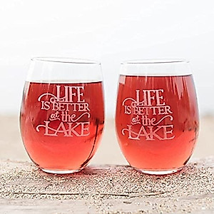 Life is Better at the Lake, Lake House Decor, Set of Two 20oz Etched Wine Glasses