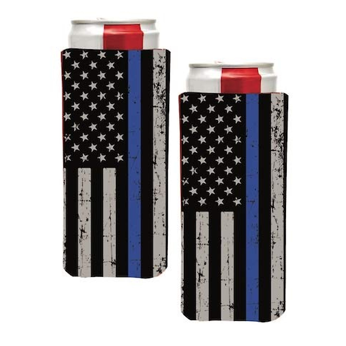 PKM - (2) Back the Blue Thin Blue Line Slim Can Cooler Sleeve - Beer Blank Skinny 12 oz Neoprene Coolie - Perfect For 12oz Red Bull, Michelob Ultra,Truly