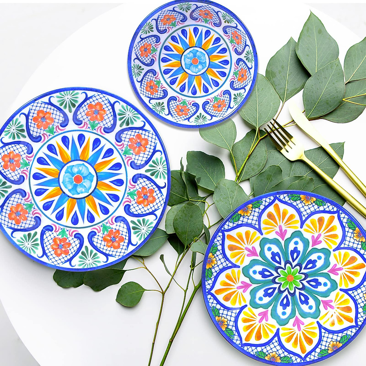 Melamine Dinnerware sets: Bisphenol A-free,Dishwasher Safe dinnerware sets,Non-breakable melamine plates,Service for 4 (12pcs) plates and bowls sets Ideal for indoors and outdoors Picnic, Camping.