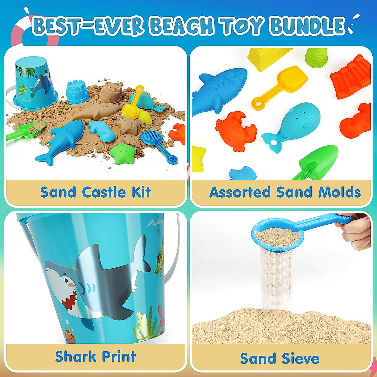 TOY Life Beach Sand Toys for Kids Toddlers - Shark Beach Toys for Kids 3-10, Toddler Sandbox Toy with Sand Bucket, Beach Shovels, Animal Molds Sand Castle Toys, Mesh Bag, Sand Toy for Toddler Boy Girl