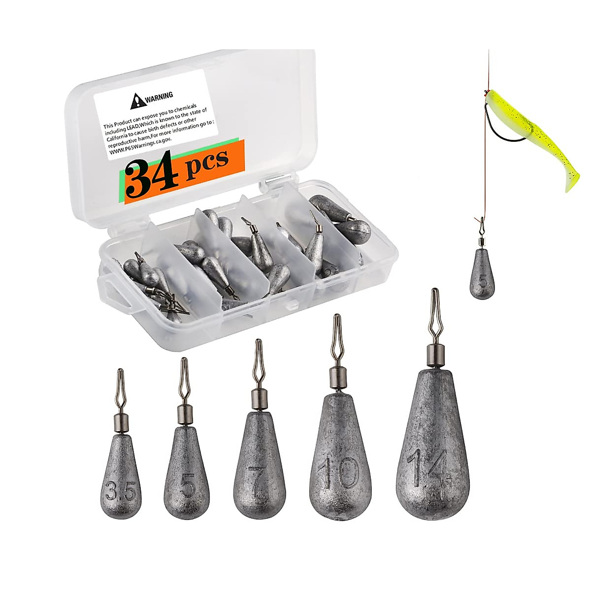 Fishing Weights Drop Shot Sinker Rig Kit 34pcs Trokar with Lead for Bass Fishing with Tackle Box
