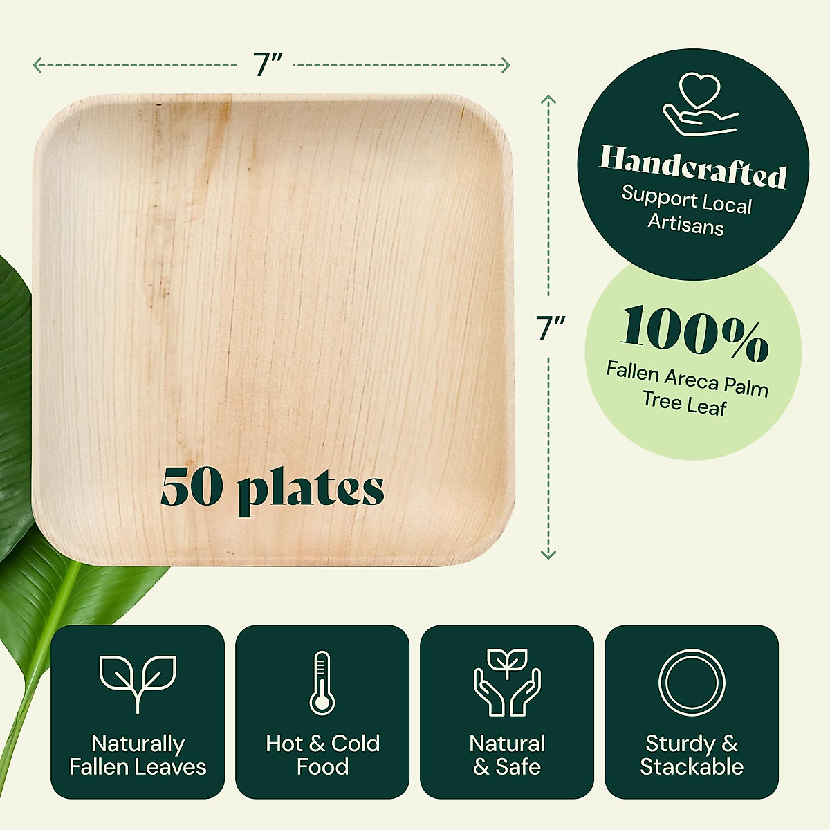 Chic Leaf Compostable & Biodegradable Palm Leaf Disposable Bamboo Plates - Disposable Party Plates for Appetizers (1, 7'' (Pack of 50))