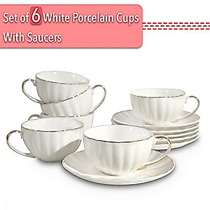 BTaT- Tea Cups and Saucers, Set of 6 (7 oz) with Gold Trim and Gift Box, Cappuccino Cups, Coffee Cups, White Tea Cup Set, British Coffee Cups, Porcelain Tea Set, Latte Cups