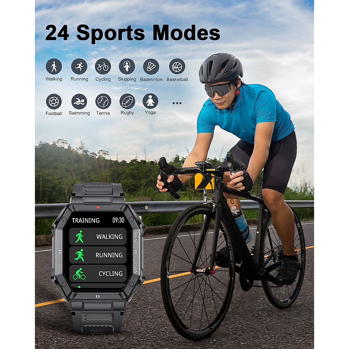 Smart Watches for Men, 1.85 Inch Android iOS Military Smart Watch, Smartwatch with Blood Pressure/Heart Rate/Blood Oxygen Monitor/24 Sports, IP67 Waterproof Tactical Sport Fitness Tracker, 350mAH