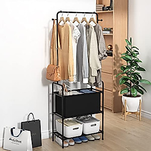 UDEAR Clothes Rack,Standard Garment Rack with Large Storage Bag,2 Non-woven Fabric Storage Shelves and 2 Hooks,Black