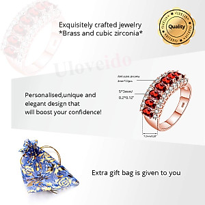 Uloveido Women's Rose Gold Plated Oval Cut Red Cubic Zirconia 7 Stone Wedding Band,Simulated Garnet Birthstone Ring J501 (Red, Size 7)