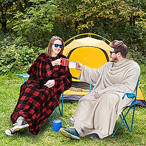 Fleece Wearable Blanket with Sleeves and Kangaroo Pocket for Women Man Adult, Super Soft Warm TV Throw Blanket with Snap Button, Body Wrap Robe Blankets with Arms, Gray