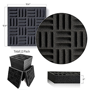 Foroomaco 12 Pack Acoustic Foam Panels 12.6"x12.6"x2" Grid Style Sound Proof Foam Panels for Walls, Home Studio Acoustic Treatments, Sound Insulation Absorbing Foam (Black)