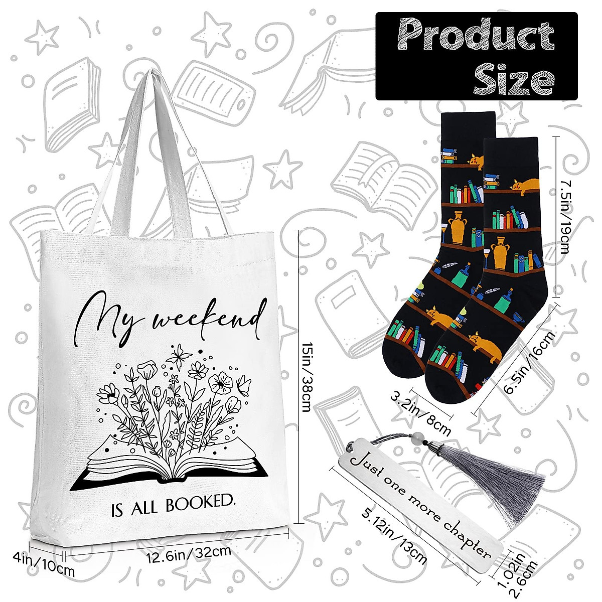 Sieral Sets of 4 Book Lovers Gifts Lover Appreciation Include Novelty Socks 12 oz Stainless Steel Wine Tumbler with Lid Library Canvas Tote Bag and Bookmark Tassel for Student Teacher Reader