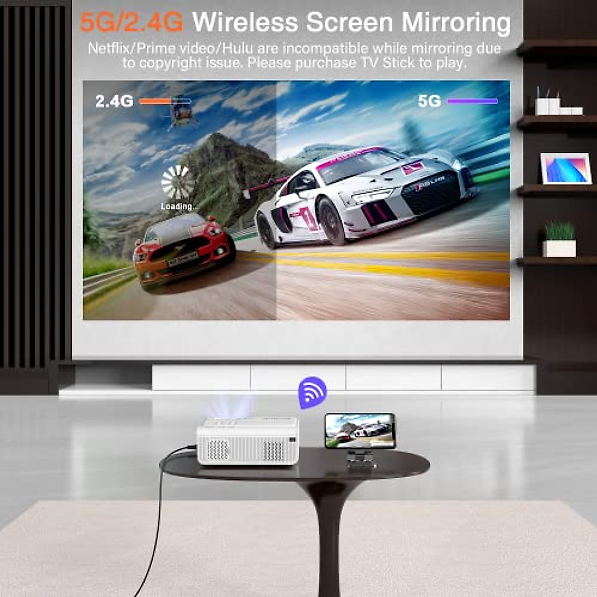 AuKing Projector with WiFi and Bluetooth, 2023 Upgraded 5G Native 1080P Projector 4K Supported with 100’’ Screen and Tripod, 380ANSI Outdoor Projector Compatible with Android/iOS/HDMI/USB/TV Box
