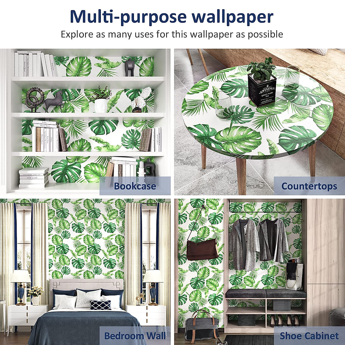 WESTICK Tropical Wallpaper Peel and Stick Modern Green Leaf Wallpapers Bathroom Waterproof Botanical Wall Paper Jungle Wallpaper Tropical Green Contact Paper for Cabinets Removable Vinyl 17.7" x 118"