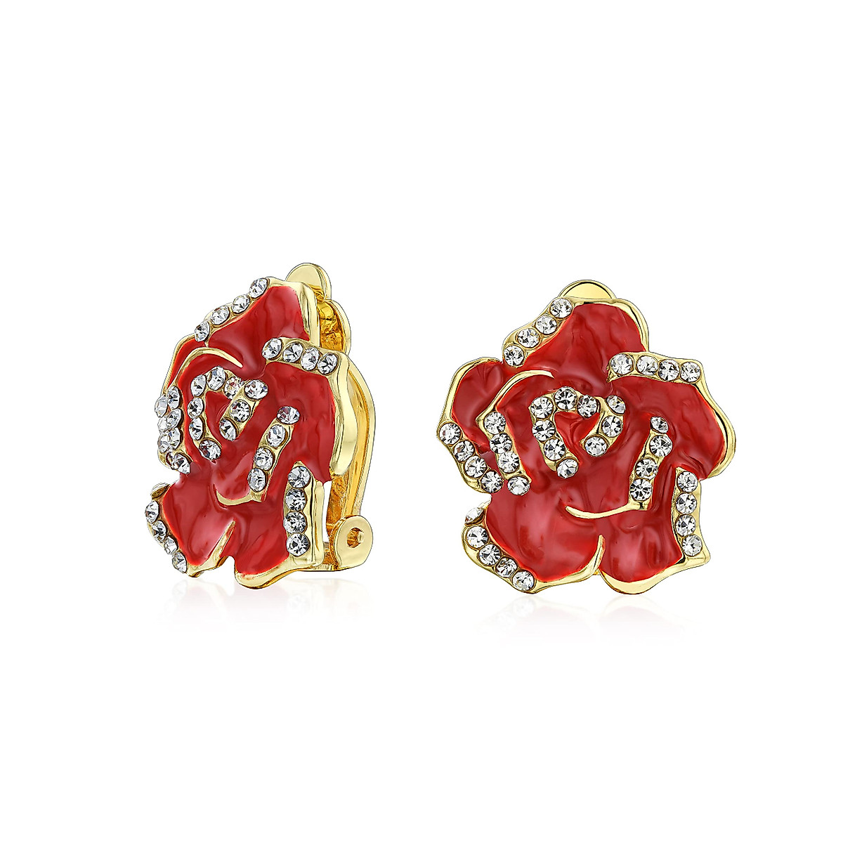 Red Enamel Flower Crystal Edge Spring Retro Floral Rose Clip On Earrings For Women Non Pierced Ears 14K Gold Plated