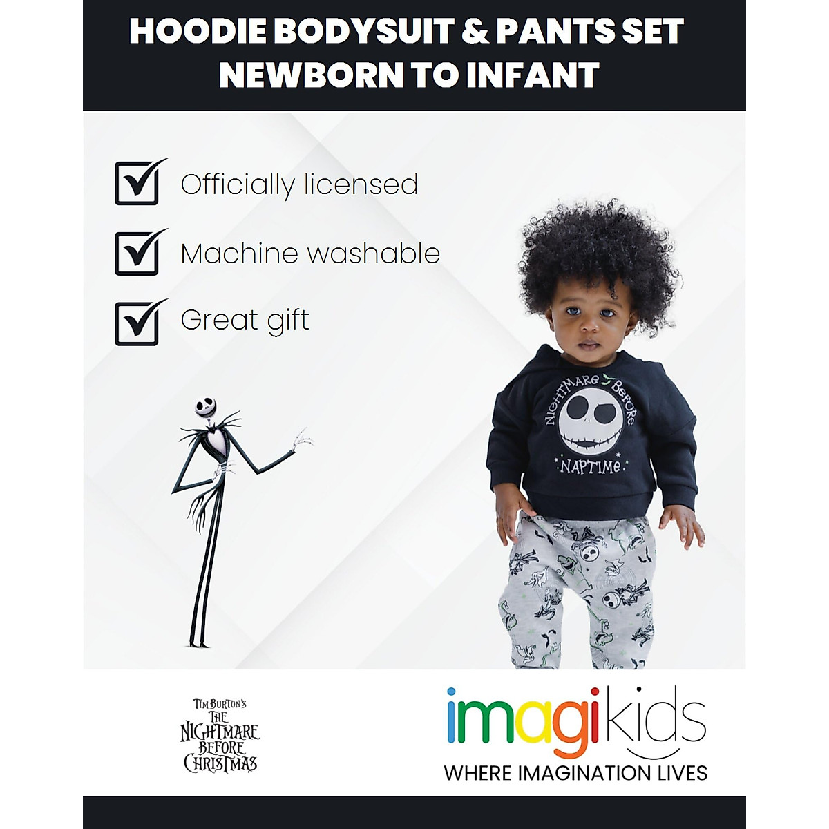 Disney Nightmare Before Christmas,Newborn Baby Boy or Girl Hoodie Bodysuit and Pants 3 Piece Set Black/White 6-9 Months