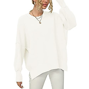 ANRABESS Women's Casual Long Sleeve Oversized Crew Neck Solid Color Side Slit Loose Warm Knit Pullover 2023 Fall Sweater Tops White A305baise-L