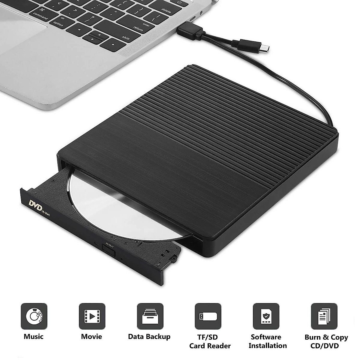 intendvision External CD DVD Drive USB 3.0 Type-C CD-RW DVD-R Combo Burner with SD/TF Slot, 2 USB 2.0 Port for PC Laptop Computer Mac Windows 11/10/8/7