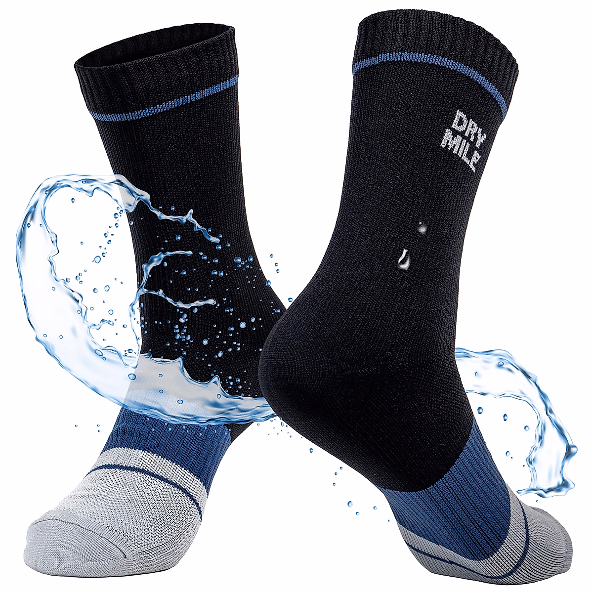 DRYMILE Slim Waterproof Socks, Thin Moisture Wicking Winter Waterproof Socks for Men & Women, Golf, Cycling - Crew (M, Black and Blue)